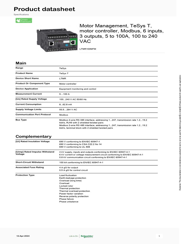 Schneider Electric Tesys-T LTMR100MFM | PDF | Alternating Current ...