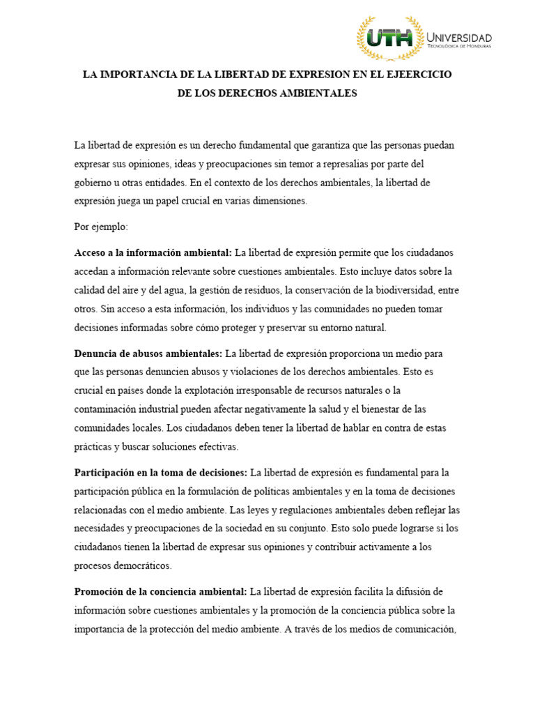 LA IMPORTANCIA DE LA LIBERTAD DE EXPRESION EN EL EJEERCICIO DE LOS DERECHOS AMBIENTALES Grupo 6 ...