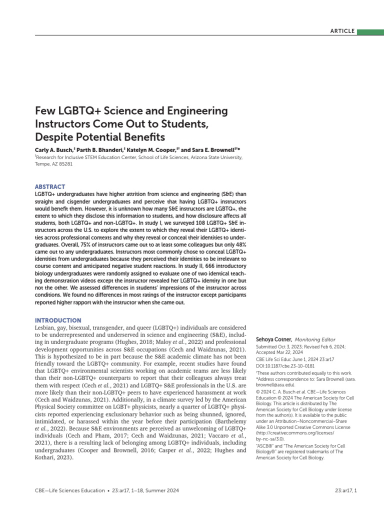 Busch Et Al 2024 Few LGBTQ Science and Engineering Instructors Come Out To Students Despite ...