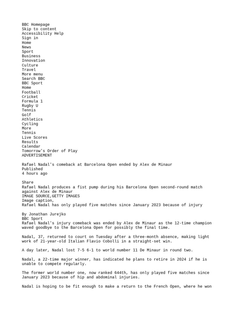 Rafael Nadal's comeback at Barcelona Open ended by Alex de Minaur | PDF | Sports