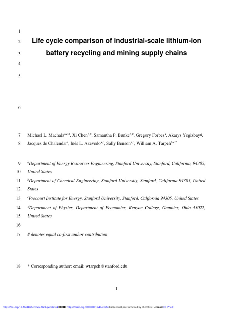 Stanford University Life Cycle Comparison of Industrial-Scale Lithium ...