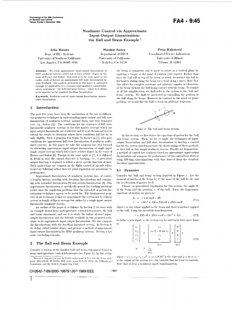 1989 Nonlinear Control Via Approximate Input Output Linearization The Ball And Beam Example