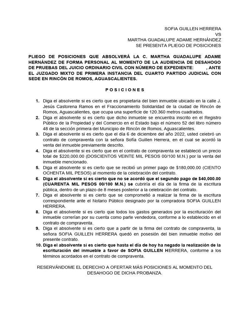 Pliego de Posiciones Prueba Confesional | PDF