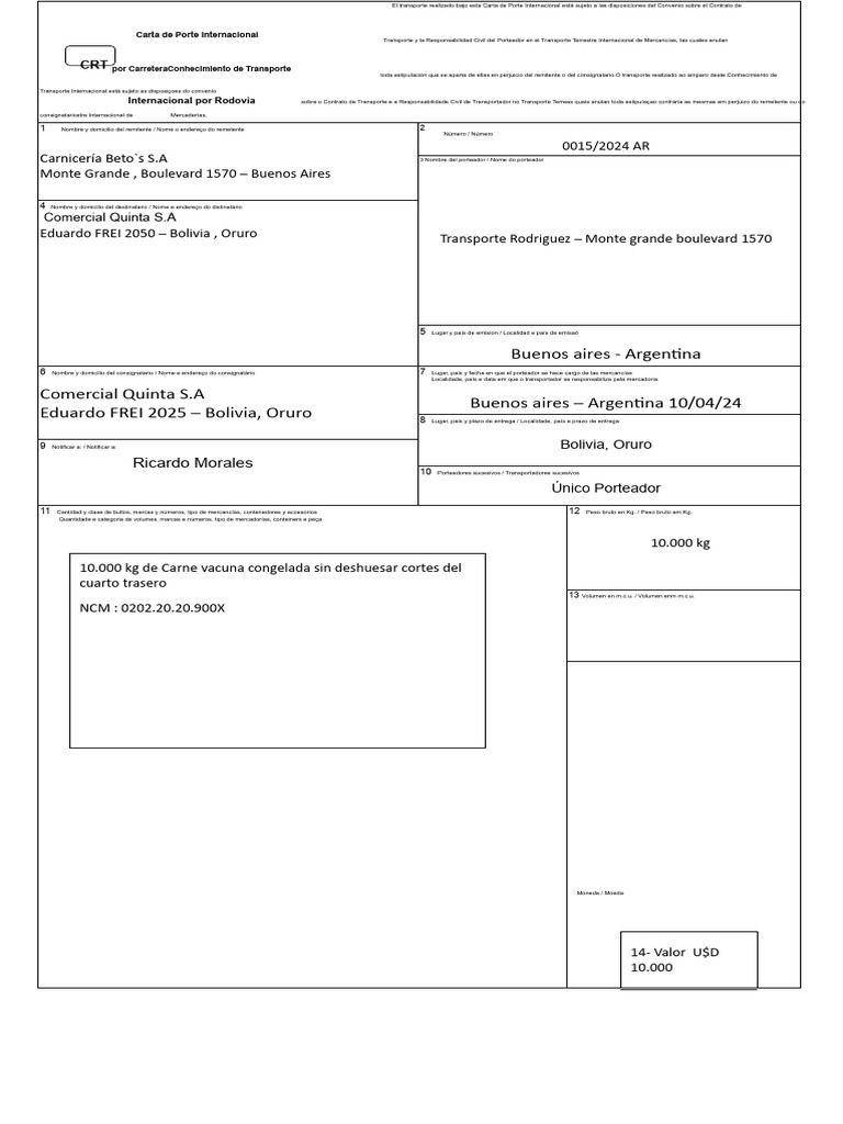 CRT - Documento de Transporte | PDF