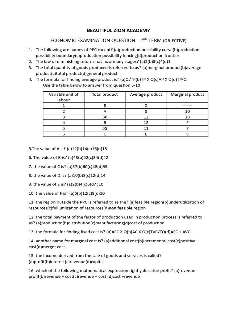 Economics Examination ss2 Second Term | PDF | Labour Economics | Market ...