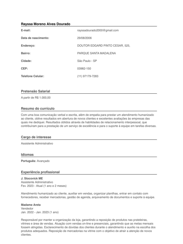 Curriculo Rayssa Moreno Alves Dourado | PDF