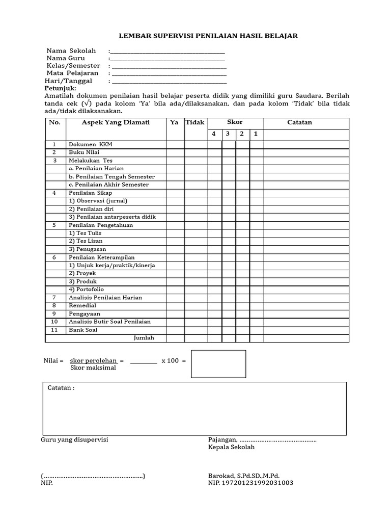 Supervisi Penilaian Hasil Belajar | PDF