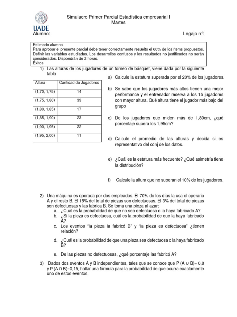 Simulacro Primer Parcial Estadistica 1 UADE | PDF | Matemáticas Aplicadas | Teoría de probabilidad