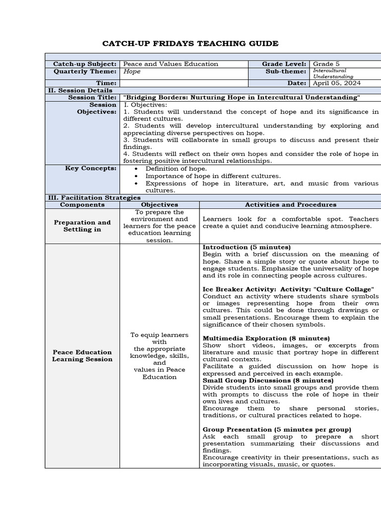 CATCH UP FRIDAY TEACHERS GUIDE Hope Intercultural Understanding Grade 5 | PDF | Learning | Cognition