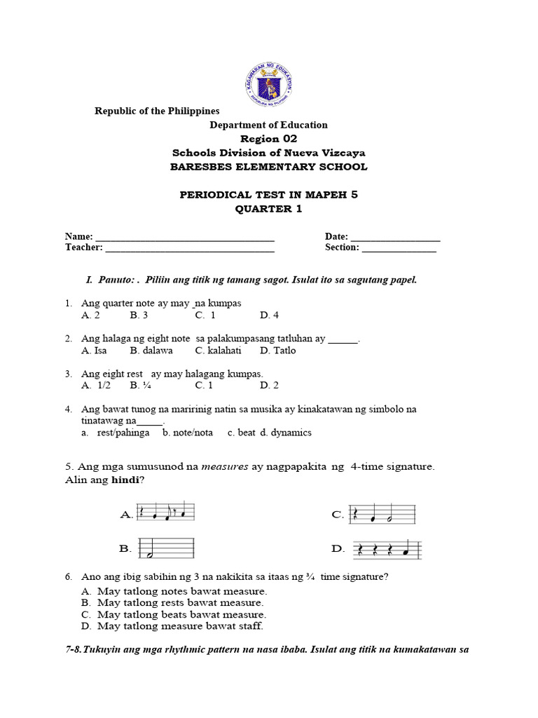 Mapeh 5 Q1 PT - 2023-2024 | PDF