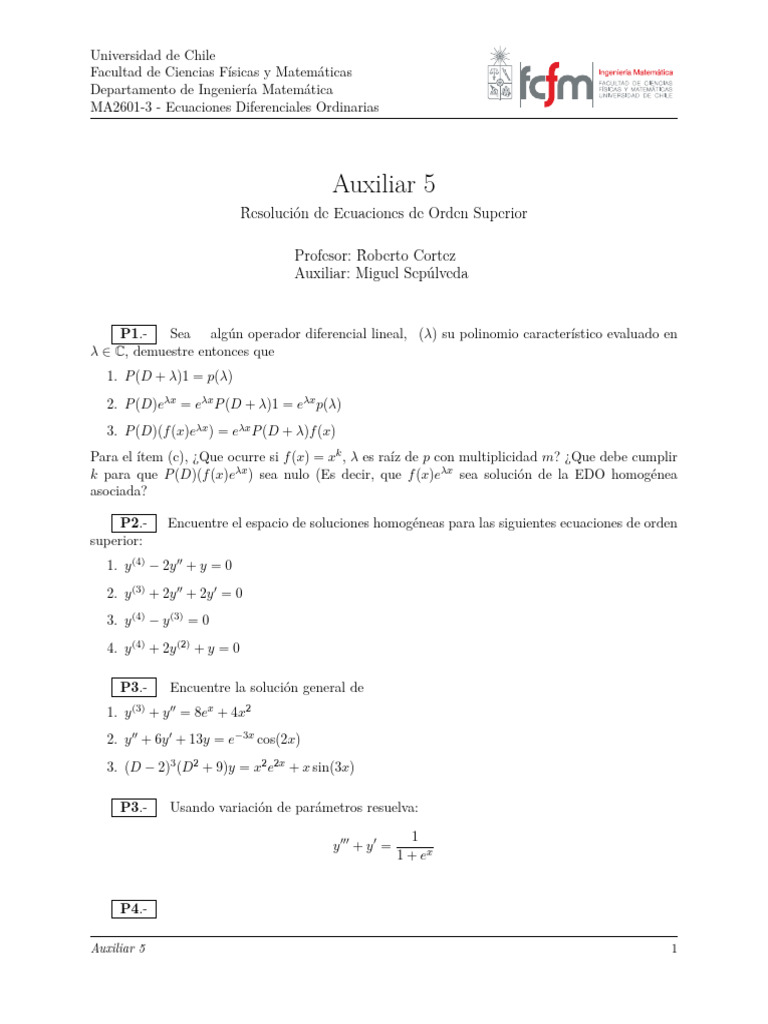Auxiliar 5 Resoluci N de Ecuaciones de Orden Superior | PDF | Ecuaciones | Linealidad