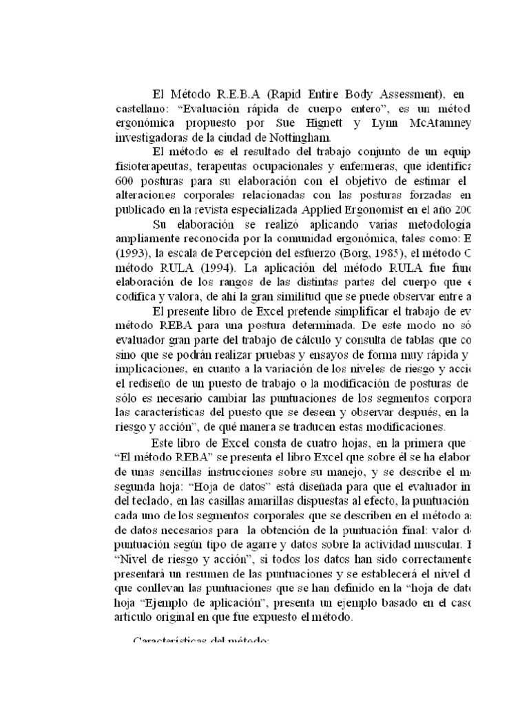 Método R.E.B.A. en Excel: Análisis Ergonomía | PDF