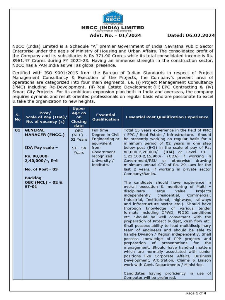 Final Detailed Advt GM Engg 01 2024 | PDF | Business