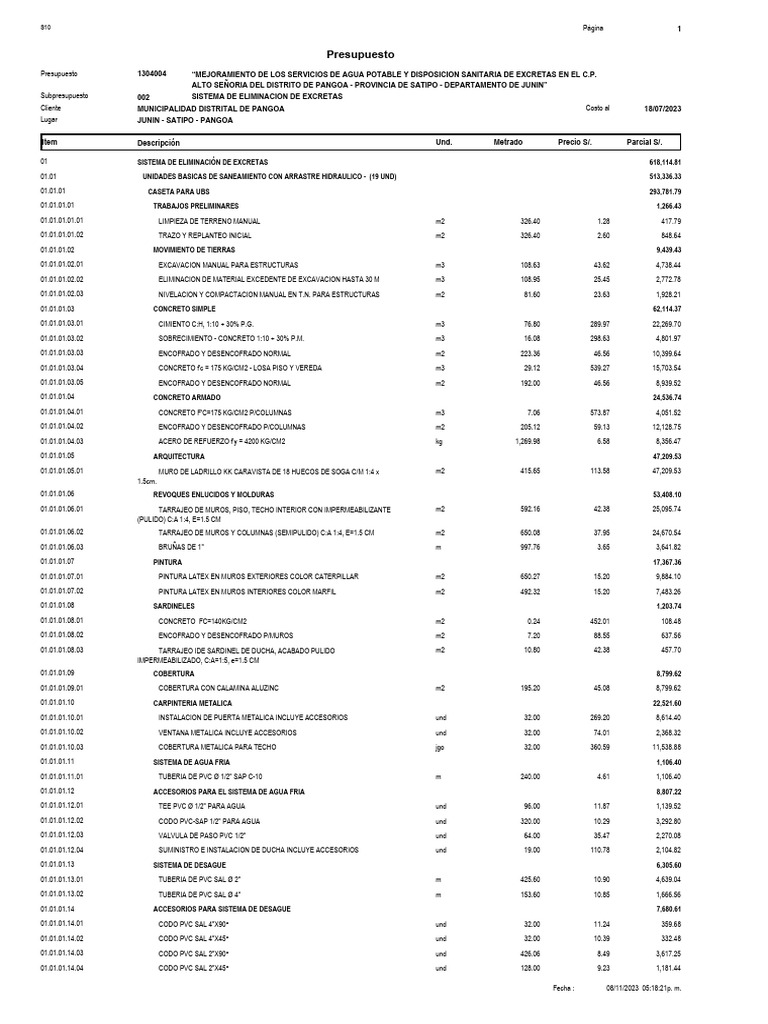 5.3 Presupuesto de Sistema de Eliminacion de Excretas | Descargar gratis PDF | Ingeniería ...