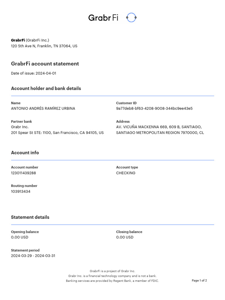 Grabrfi Account Statement: Account Holder and Bank Details | PDF ...