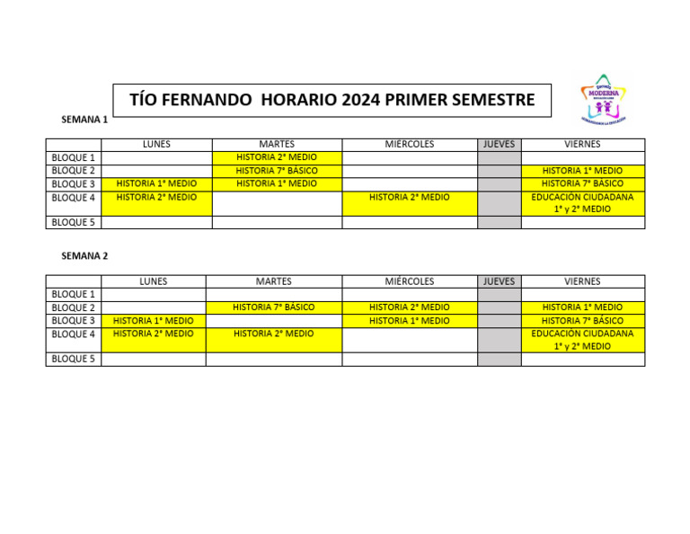 Horario Tío Fernando 2024 Primer Semestre | PDF