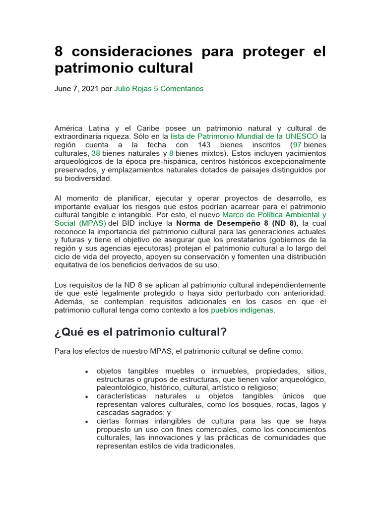 8 consideraciones para proteger el patrimonio cultural | PDF | Patrimonio cultural | Bienes (Ley)