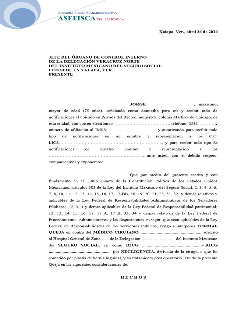 Ejemplo Queja Médica Imss | PDF | Daños y perjuicios | Cirugía
