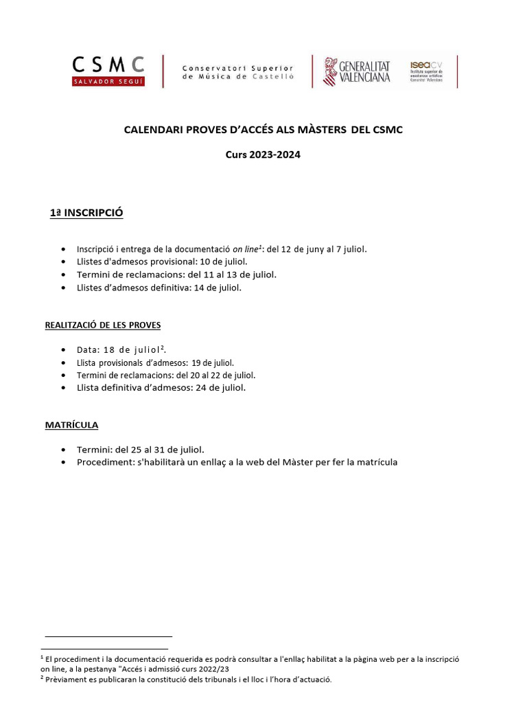 Calendario Acceso Master 2023 24 | PDF