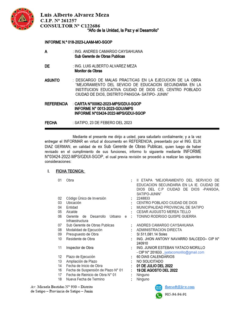 Informe N.º 018-2023-Laam-Mo-Sgop | PDF