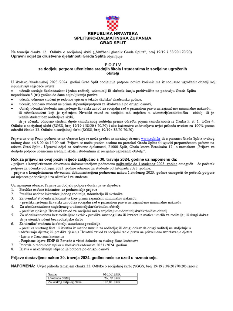 2023 - 09 - 15 - Tekst Poziva - Soc - Stipendije 2023-2024 2 | PDF