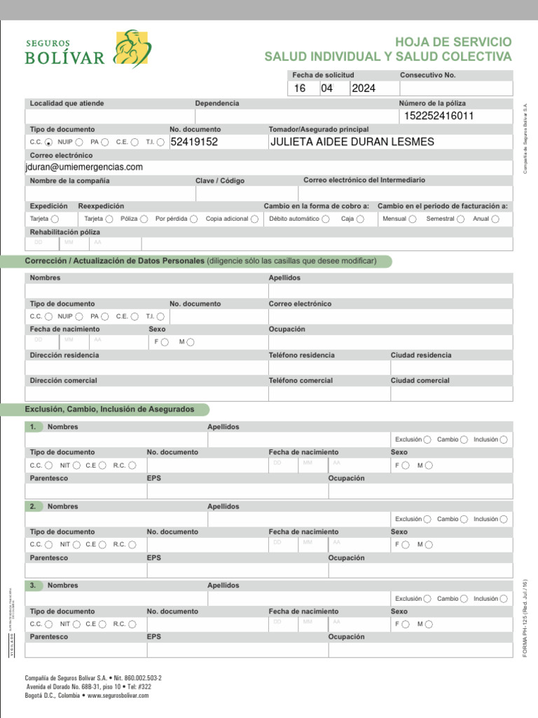 PH 125 DIGITAL EDITABLE Hoja de | PDF | Póliza de seguros | Servicios ...
