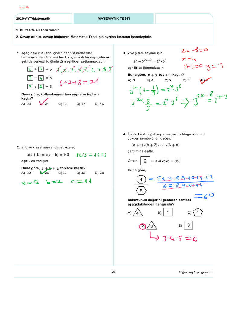 2020-113458 AYT Matematik Cozumleri | PDF