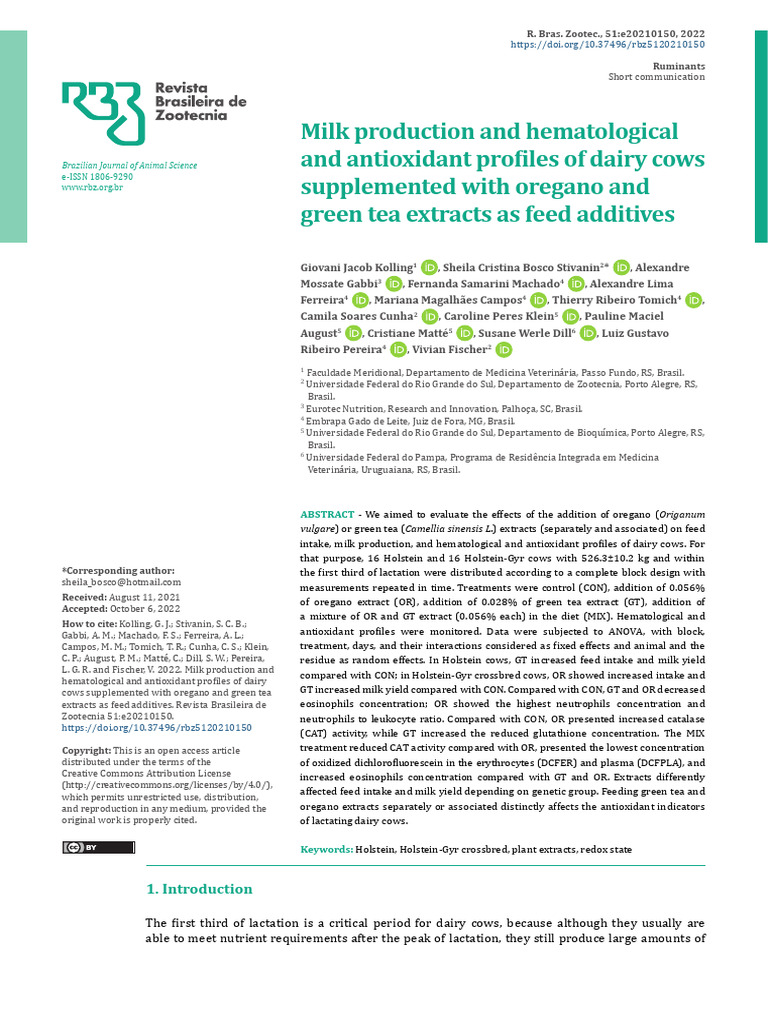 Milk Production and Hematological and Antioxidant Profiles of Dairy ...