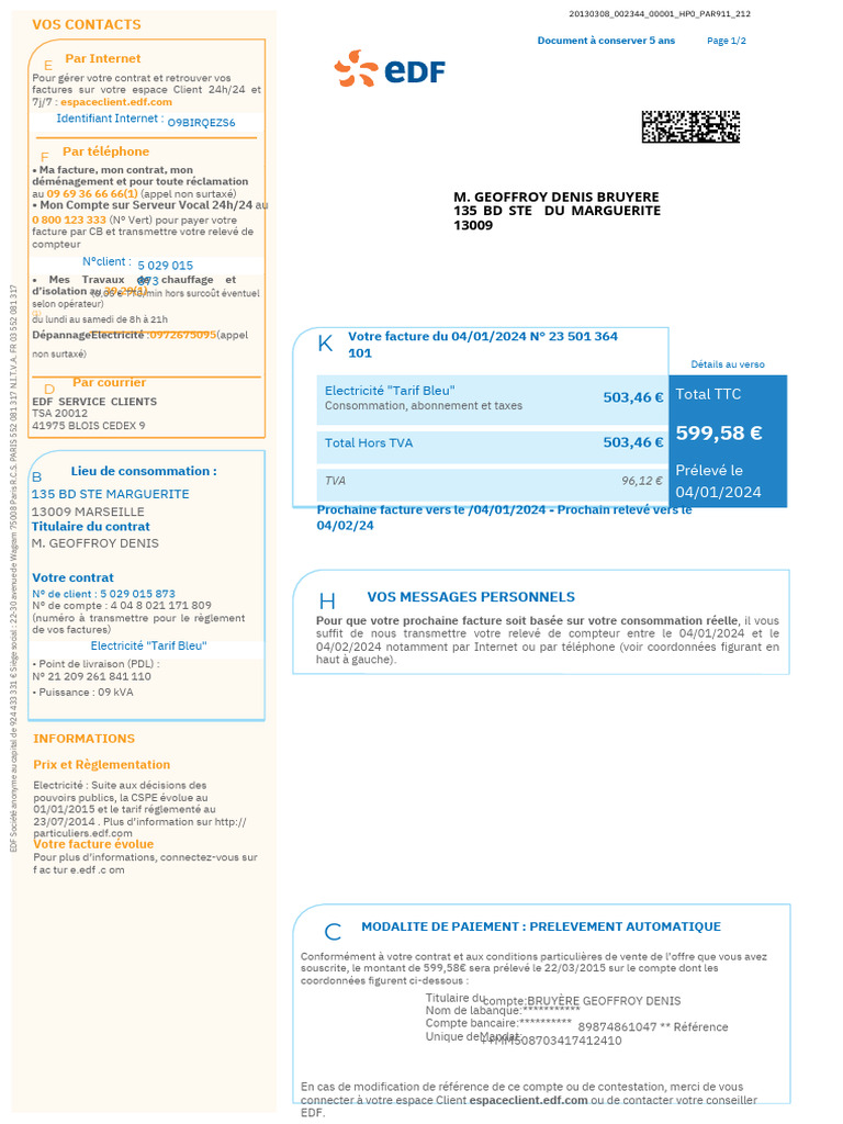 Facture EDF 2024 : Détails et Paiement | PDF | Facture