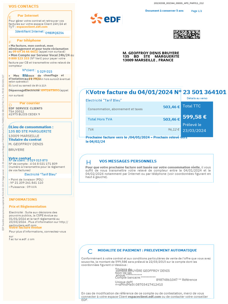 Facture EDF 2024 : Détails et Évolution | PDF | Facture