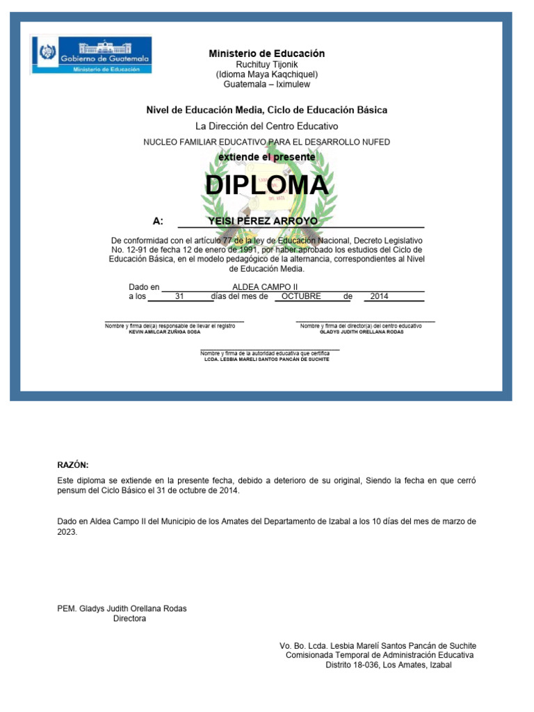 Diploma de Tercero Básico Reposicion 25677 CAMPO II YEISI PÉREZ | PDF