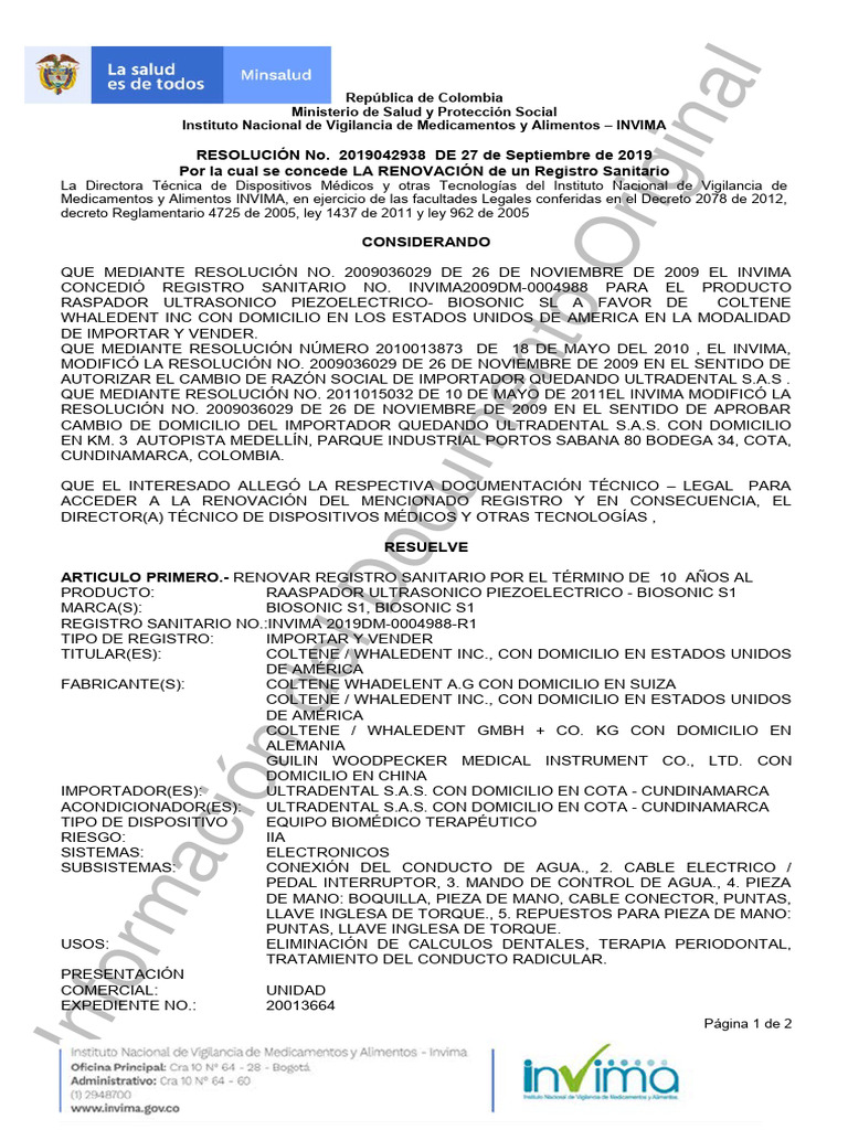 Invima Cavitron-Ultrasonido Scaler Whaledent Coltene Biosonic S1 | PDF