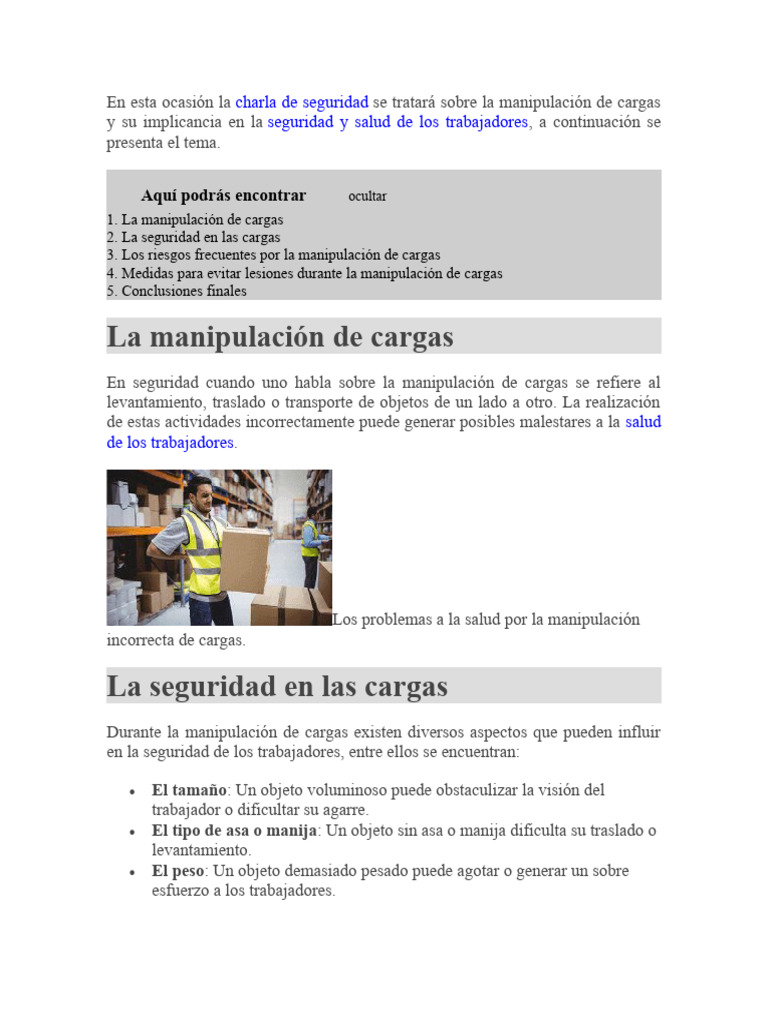 Charla de 5 Minutos Levantamiento de Carga | PDF