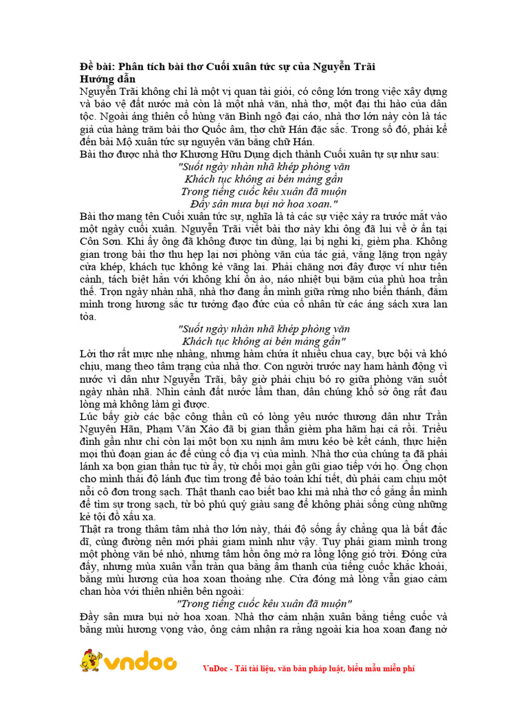 Phan Tich Bai Tho Cuoi Xuan Tuc Su Cua Nguyen Trai | PDF
