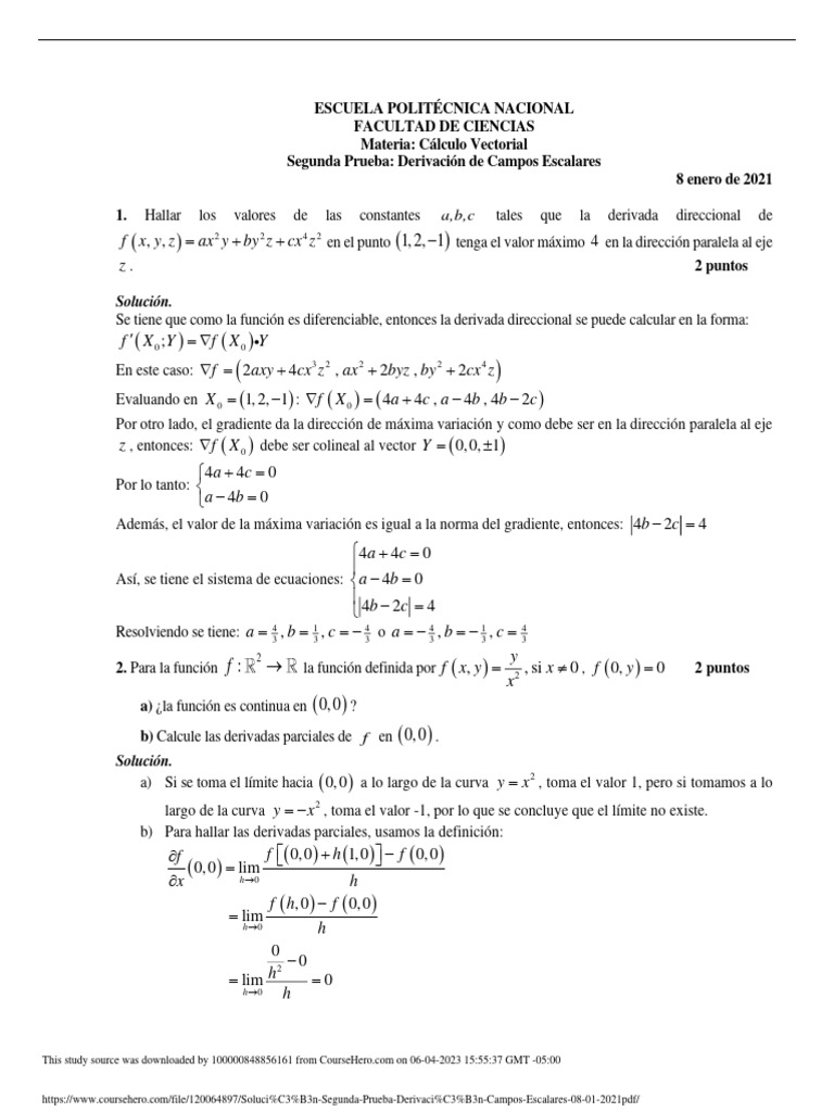 Soluci N Segunda Prueba Derivaci N Campos Escalares 08 01 2021 PDF | PDF | Curva | Degradado