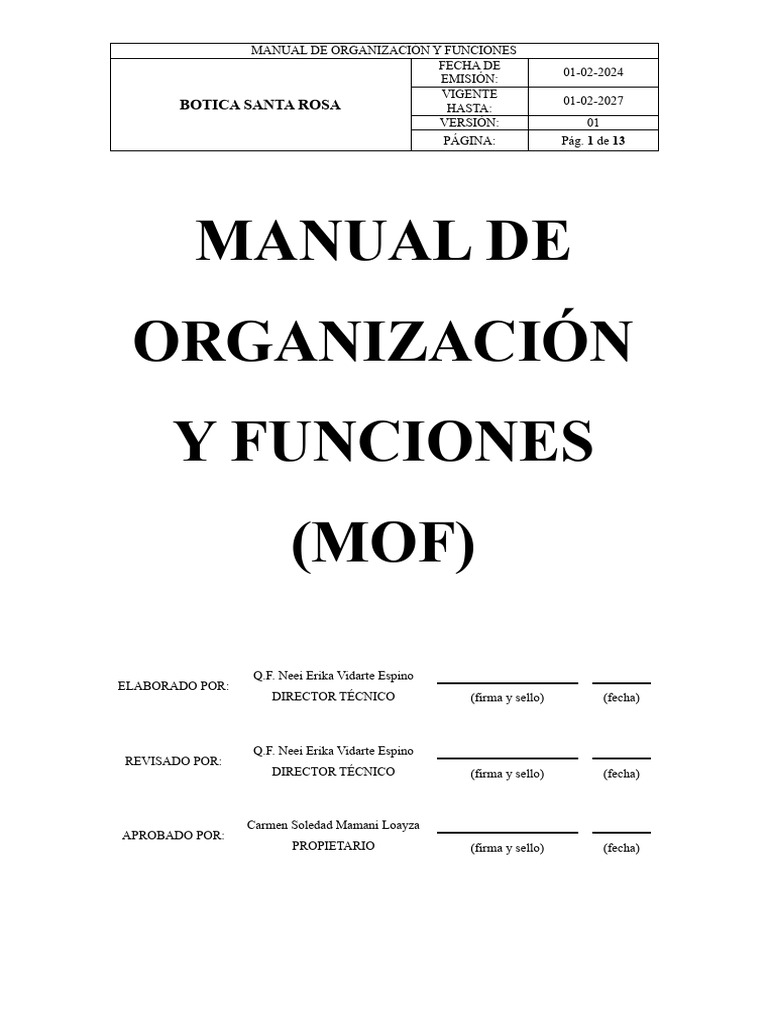 Manual de Organización y Funciones - BSR | PDF | Farmacia | Farmacéutico