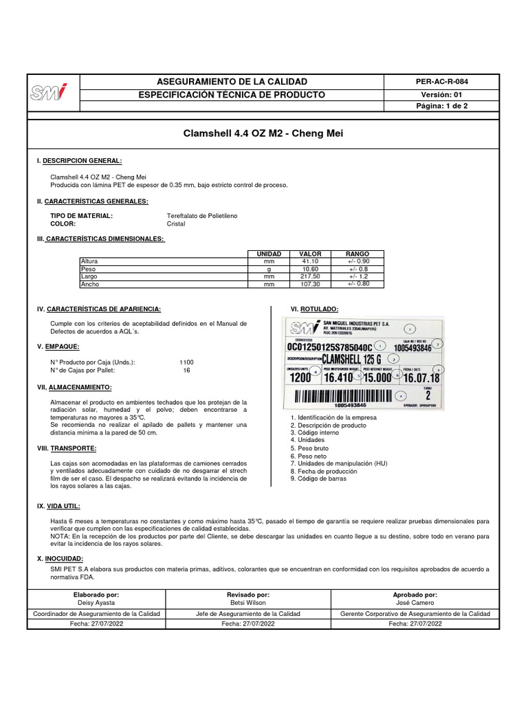 Especificación Técnica Clamshell 4.4 OZ | PDF