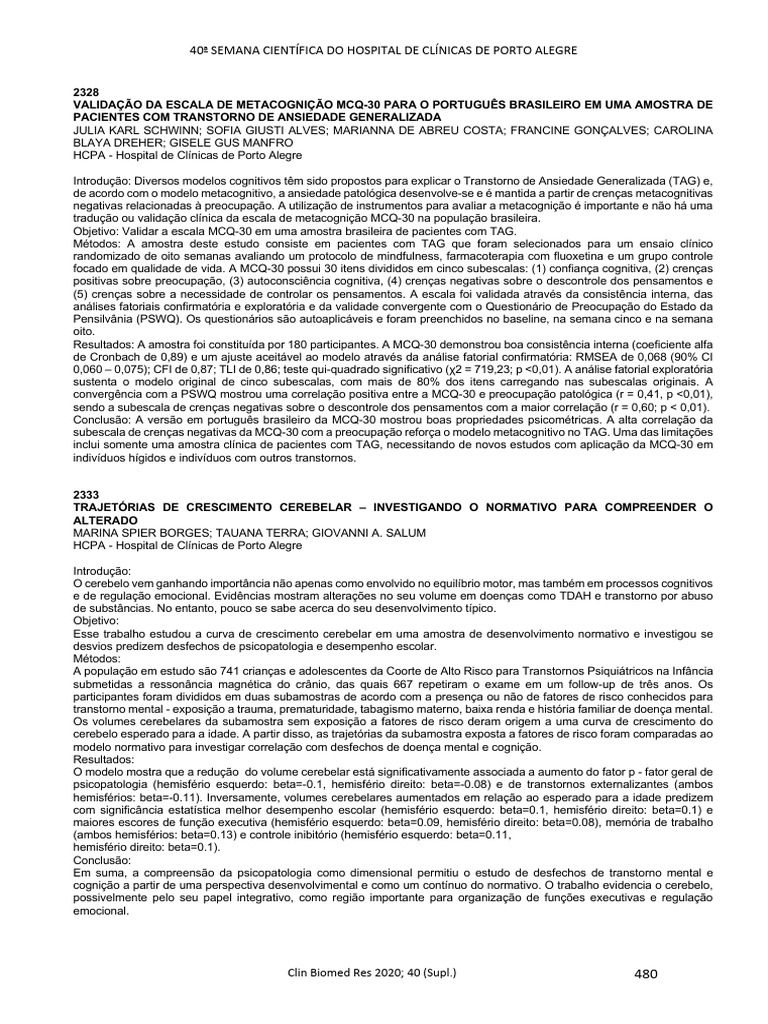 Validação Da Escala de Metacognição MCQ-30 para o Português Brasileiro ...