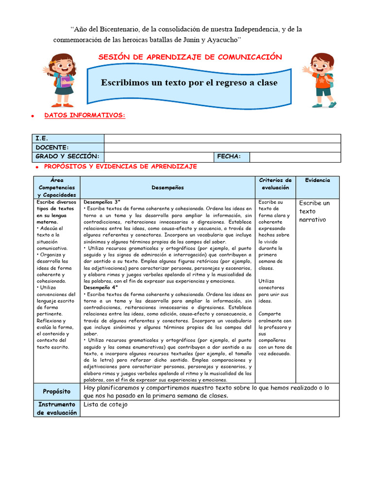 Iv Ses Comu Vier 15 Escribe Un Texto Inicio de Clase | PDF | Evaluación ...