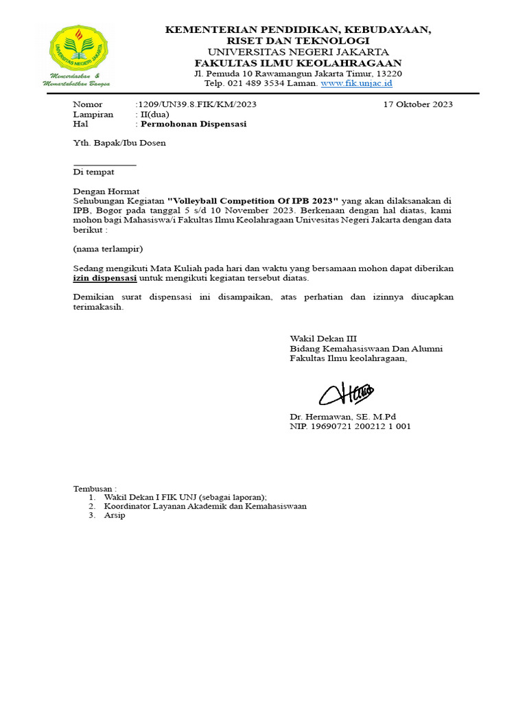 Surat Dispensasi IPB | PDF