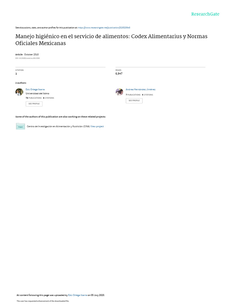 Manejo Higienico en El Servicio de Alimentos Codex | PDF | Alimentos | Seguridad alimenticia