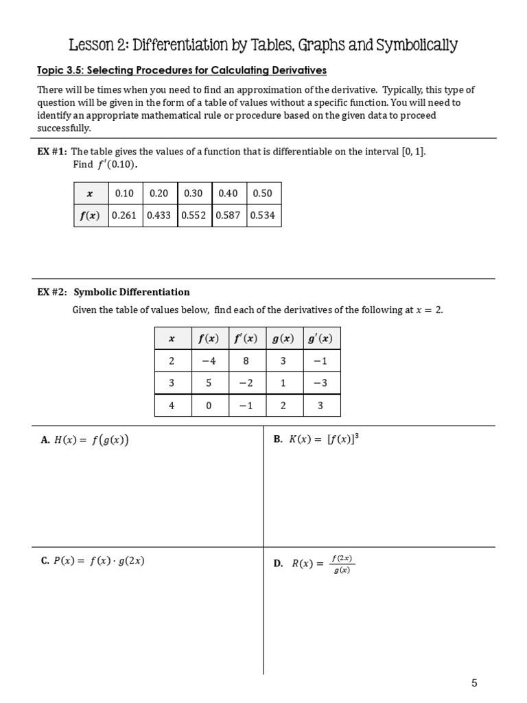 Lesson 2: Differentiation by Tables, Graphs and Symbolically | PDF