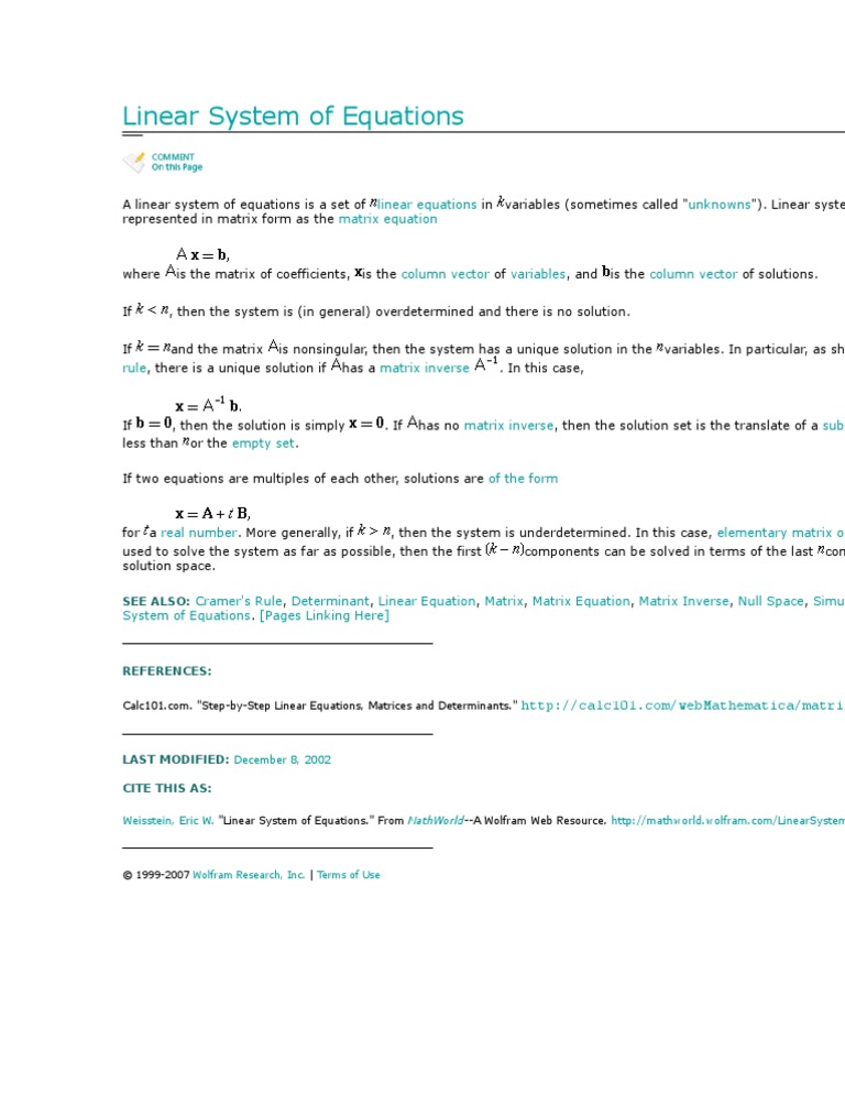 Linear System of Equations | PDF | System Of Linear Equations | Matrix ...
