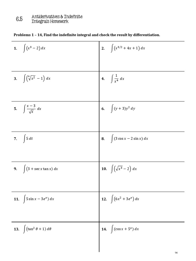 Antiderivatives & Indefinite Integrals Homework | PDF | Teaching ...