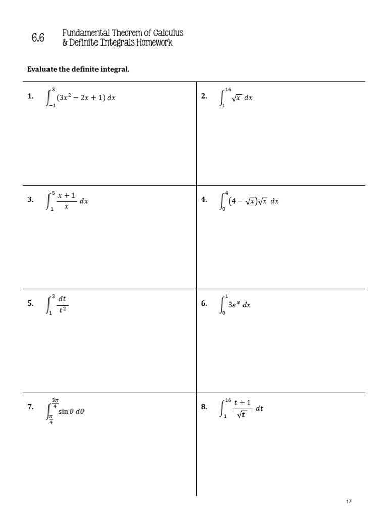 Fundamental Theorem of Calculus & Definite Integrals Homework | PDF Fundamental Theorem of Calculus & Definite Integrals Homework | PDF