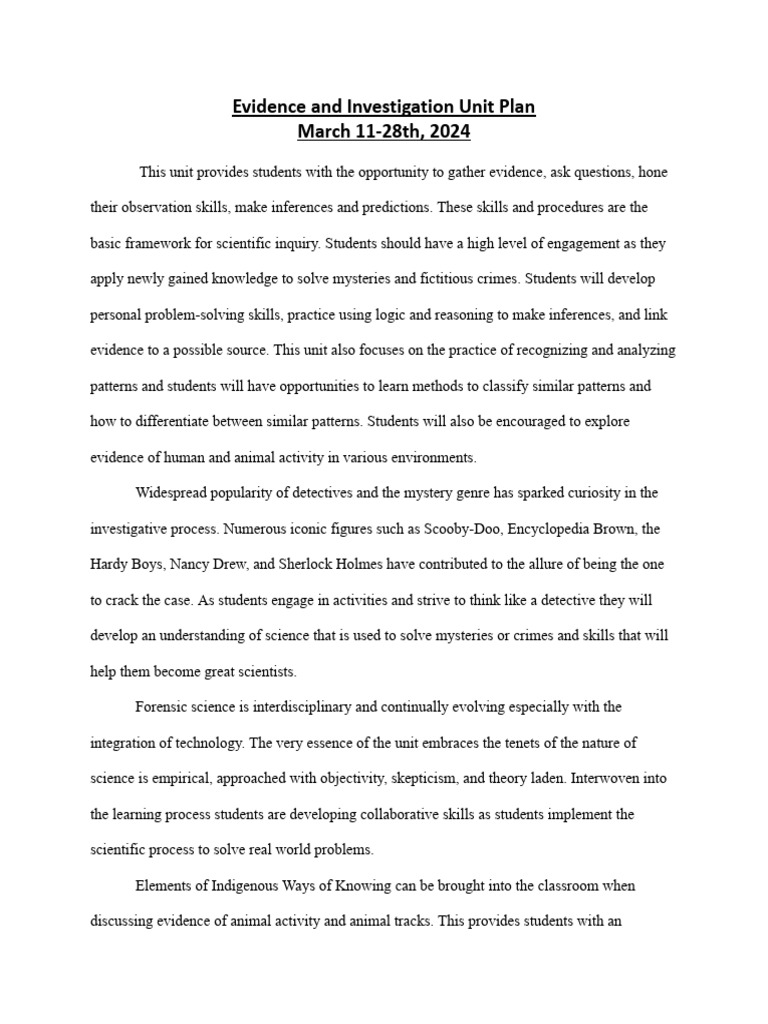 Final - Unit Plan-Evidence and Investigation | PDF | Science | Forensic Science