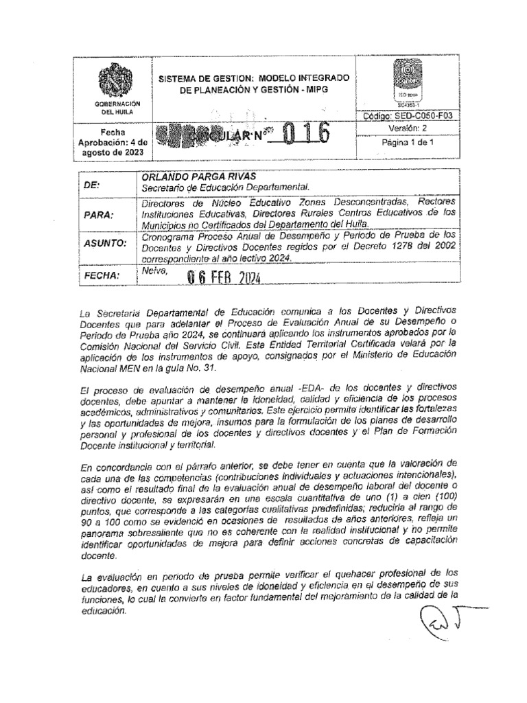 CIRCULAR 016 de 2024 Evaluación Desempeño | PDF