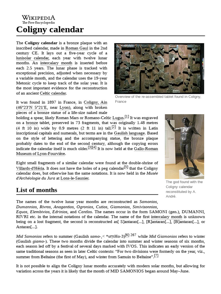 The Coligny Calendar (Wikipedia) | PDF