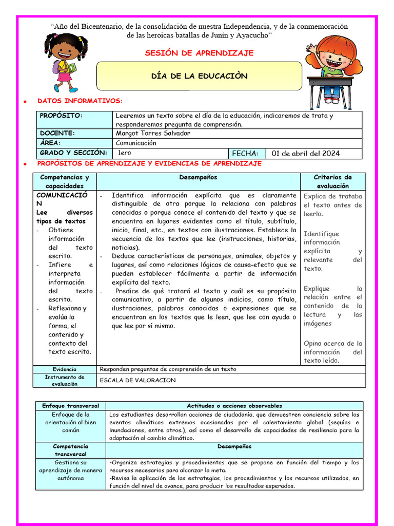 Sesion D4 Plan Lector Dia de La Educacion | PDF | Aprendizaje | Información
