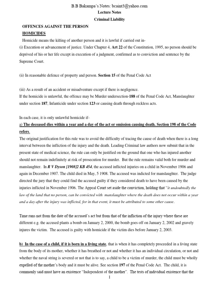 Criminal Liability Notes | PDF | Murder | Manslaughter